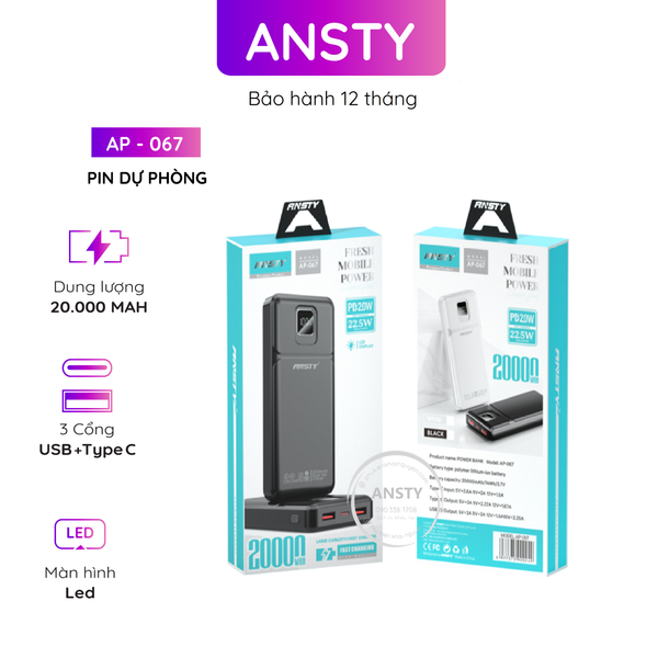 Pin Dự Phòng Ansty Ap - 067 2 Cổng Usb 1 Cổng Type PD 22.5W + 20W 2000 – Phụ Kiện Khai Nguyên