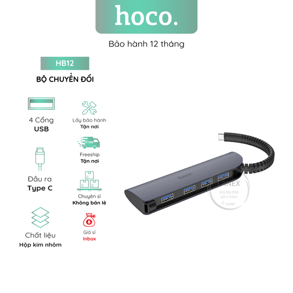 Bộ Chuyển Đổi Hoco Hb12 Đầu Type C Sang 4 Cổng Usb Dài 11cm – Phụ Kiện Khai Nguyên