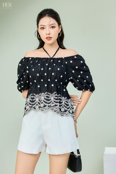 Áo trễ vai phối ren đen – her-studios