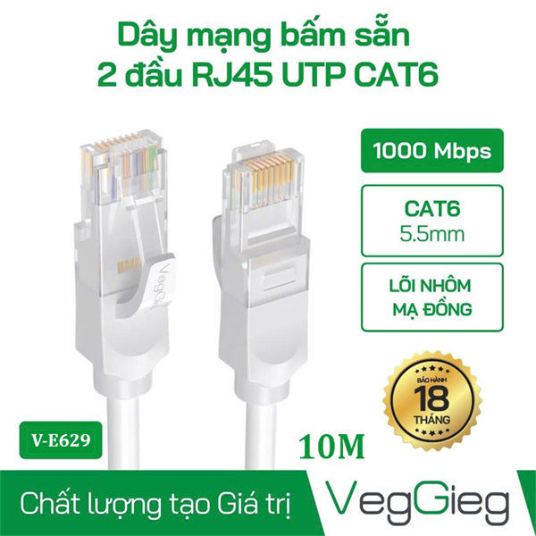 Cáp mạng bấm sẵn VEGGIEG Cat 6 10m V-E629 vi tính Hoàng Phong - Máy Tính, Máy In, Mực in, Camera ...