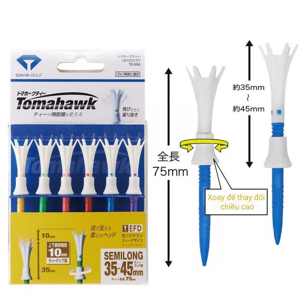 Hộp 6 tee dài TOMAHAWK TE-504 75mm+10 | DAIYA | MuaBanGolf.com