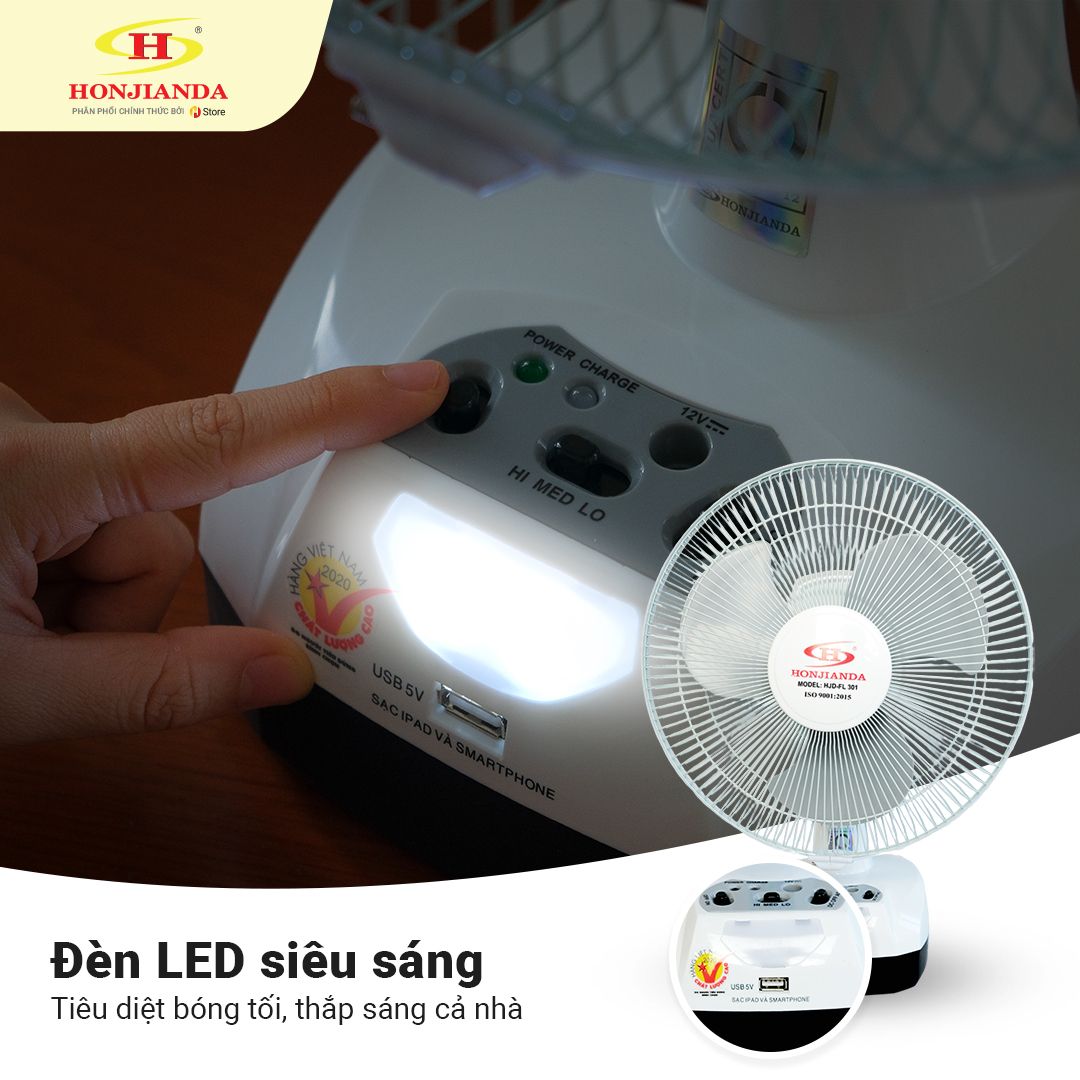 Quạt sạc tích điện Honjianda 12 inch FL301 - đèn LED hỗ trợ cúp điện ...
