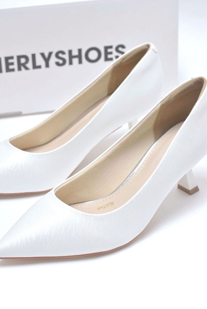 Giày Cưới Cô Dâu Đế Thấp, Giày Cao Gót Trắng Mũi Nhọn - Giày Nữ Merly