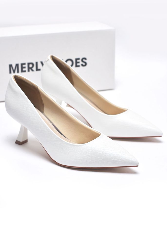 Giày Cưới Cô Dâu Đế Thấp, Giày Cao Gót Trắng Mũi Nhọn - Giày Nữ Merly