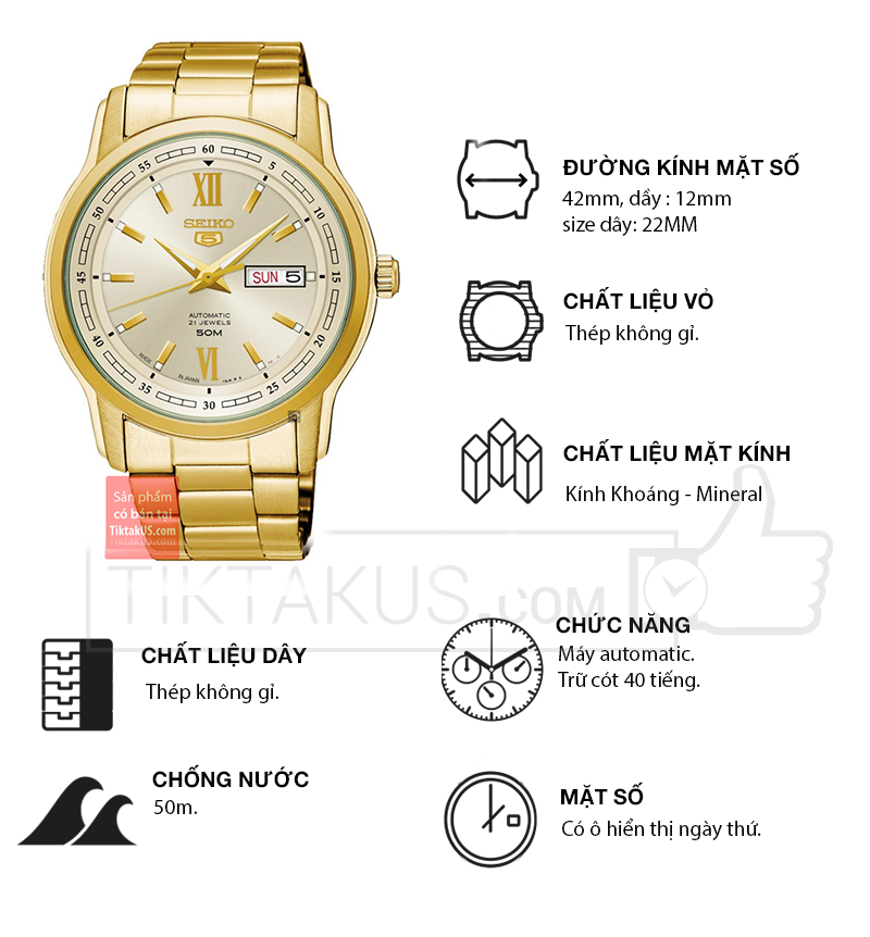 Đồng hồ nam Seiko 5 mạ vàng SNKP20J1 Made in Japan - Tiktakus