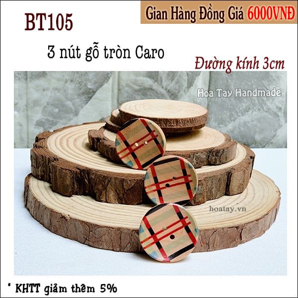 Nút áo gỗ tròn 3cm Caro BT105 - Nút trang trí túi ví, nón mũ – Hoa Tay Handmade