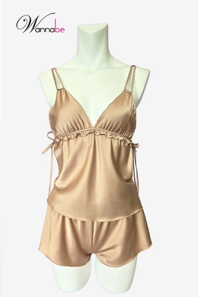 Bộ ngủ lụa mềm mại thiết kế nhún eo tinh tế WANNABE bộ đùi nữ dành cho – Wannabe