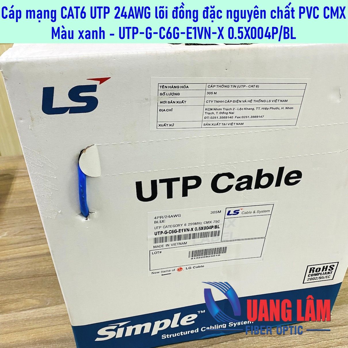 Cáp mạng CAT6 UTP 24AWG lõi đồng nguyên chất, 4 đôi,vỏ PVC,CMX,màu xan ...