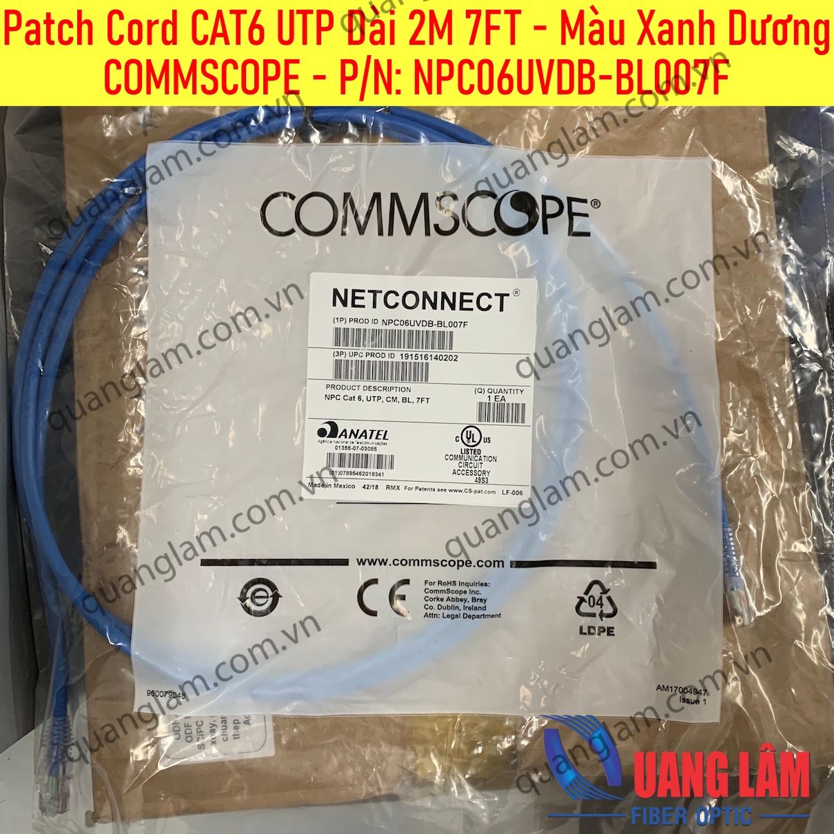 Patch Cord CAT6 UTP Dài 2M 7FT - Màu Xanh Dương COMMSCOPE - P/N: NPC06 ...