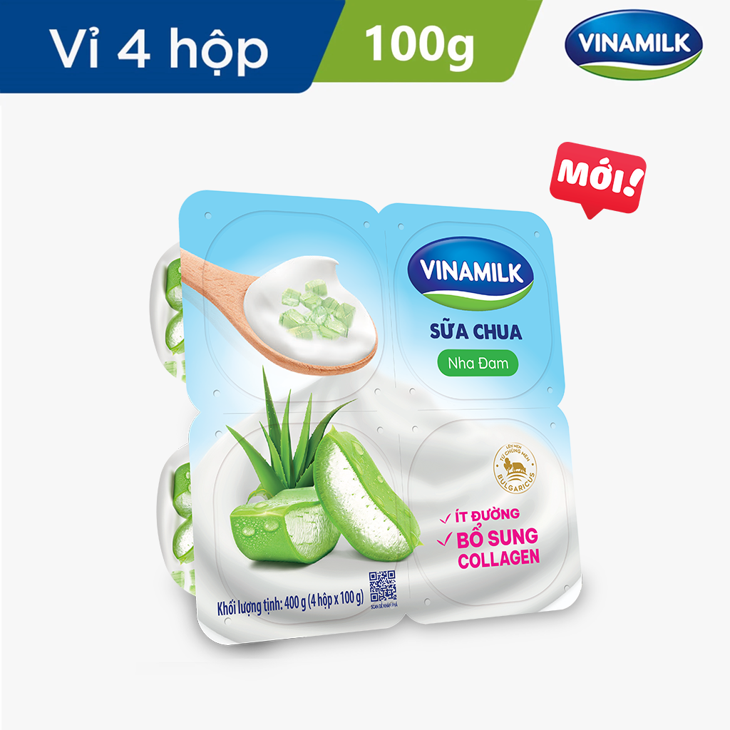 Lốc 4 hộp sữa chua Vinamilk nha đam ít đường 100g