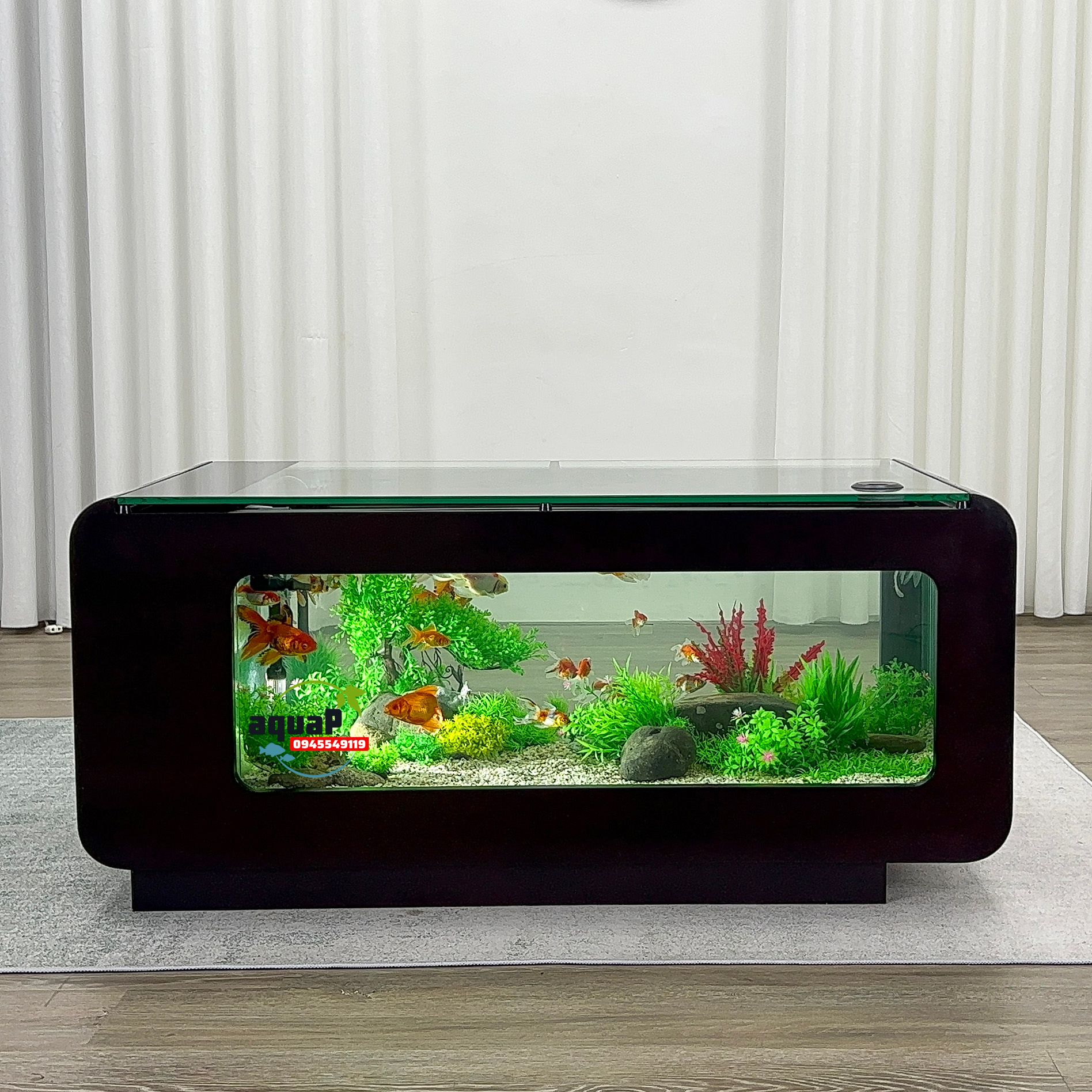 Bàn trà bể cá cao cấp AQUAP mã VIP3 với tiểu cảnh cây xanh tươi mát ...