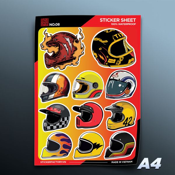 NO.08 Retro Helmet - Sticker Sheet A4 – Sticker Factory