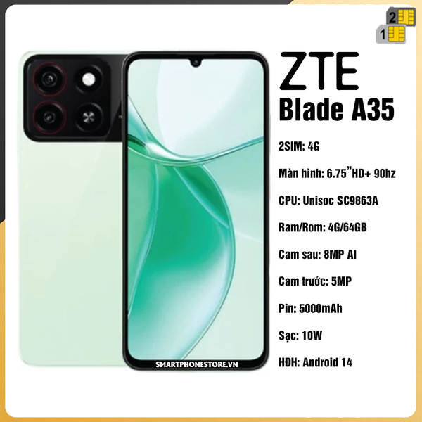 ZTE Blade A35 - 6.75" CPU 8 nhân Ram4GB Rom64GB Cam8/5MP Pin5000mAh ...