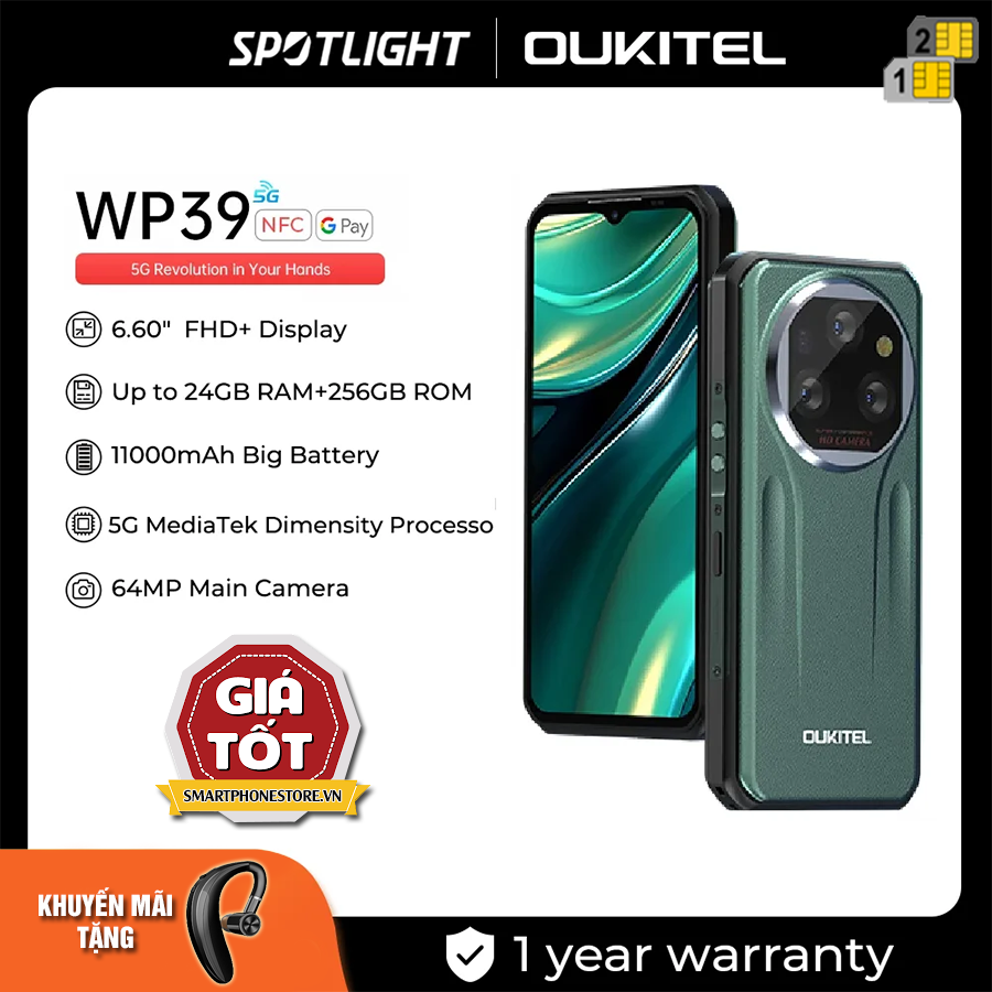 Oukitel WP39 - 5G IP68/69K 6.6inch 2.4K Cam64/32MP Pin11000mAh Ram24GB – Siêu Bền Pin Khủng