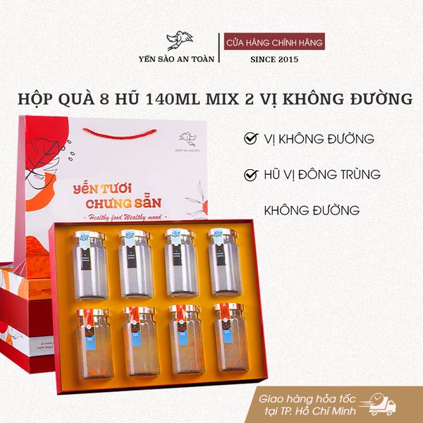 Hôp quà 8 hũ 140ml 2 vị Không Đường - Đỏ Đại Cát – Yến Sào An Toàn