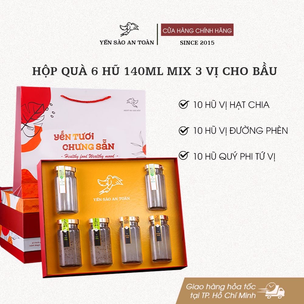 Hộp quà 6 hũ 140ml yến tươi chưng sẵn mix 3 vị Cho Mẹ Bầu - Đỏ Đại Cát – Yến Sào An Toàn