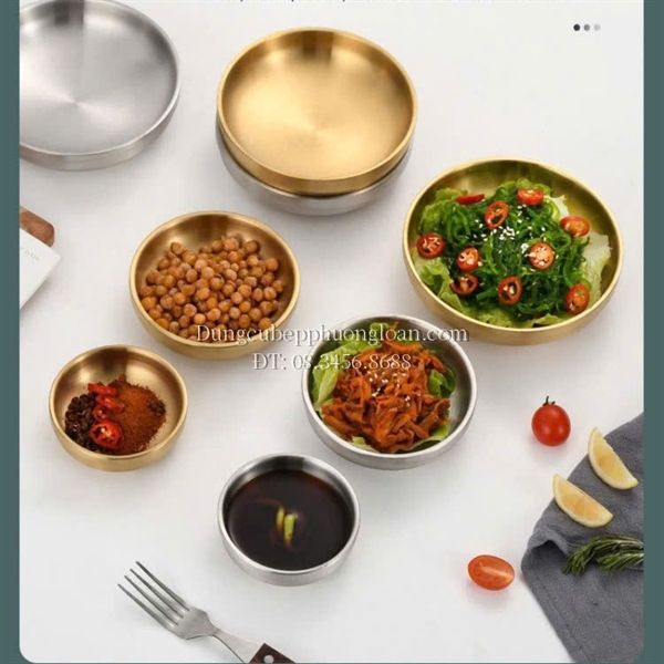 Đĩa Inox tròn 2 lớp Hàn Quốc 9cm màu vàng inox 304 – Dungcubepphuongloan.Com.Vn