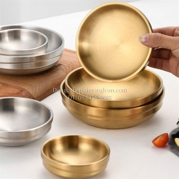 Đĩa Inox tròn 2 lớp Hàn Quốc 9cm màu vàng inox 304 – Dungcubepphuongloan.Com.Vn