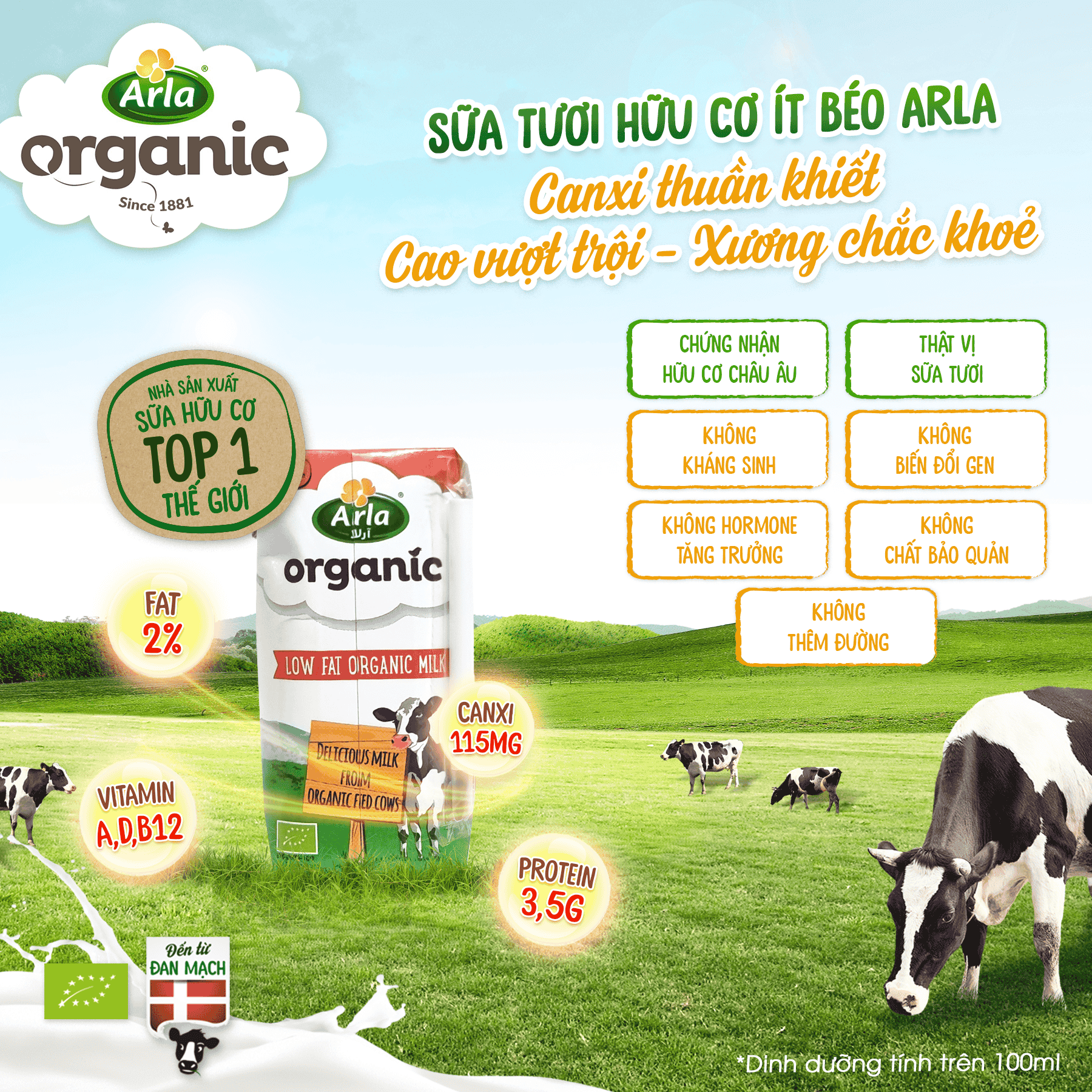 Sữa tươi hữu cơ ít béo Arla 200ml – Leaf Organic - Natural & Organic Care