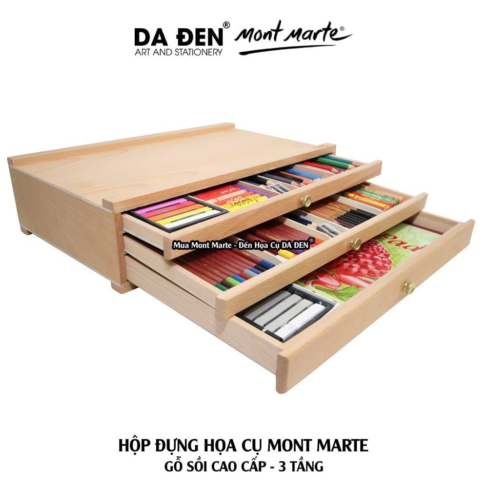[DA ĐEN] Hộp Đựng Họa Cụ Gỗ Sồi Cao Cấp Pastel Box Mont Marte 3 Tầng