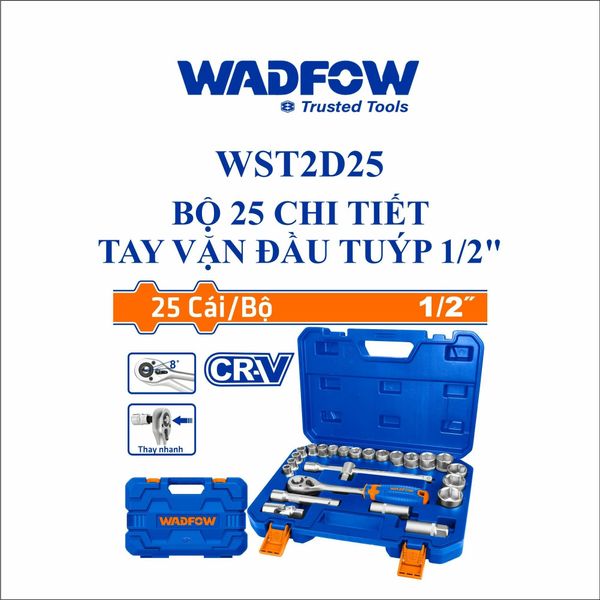 Bộ 25 chi tiết tay vặn đầu tuýp 1/2" Wadfow WST2D25