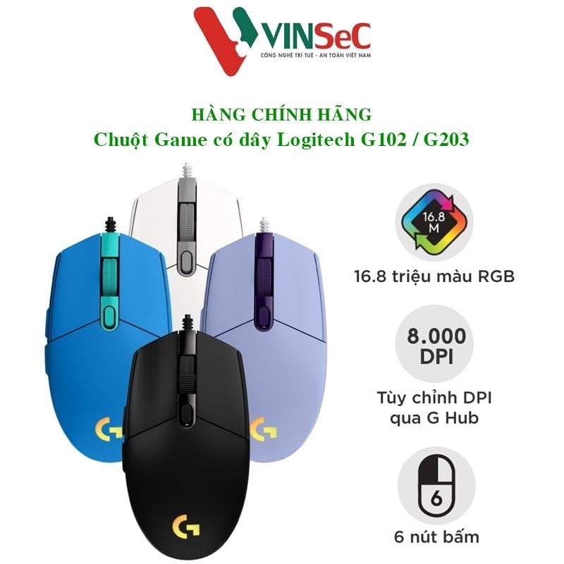 Chuột Logitech G102 / G203 Lightsync Đèn Led RGB – Hàng Chính Hãng – VINSeC Official Store