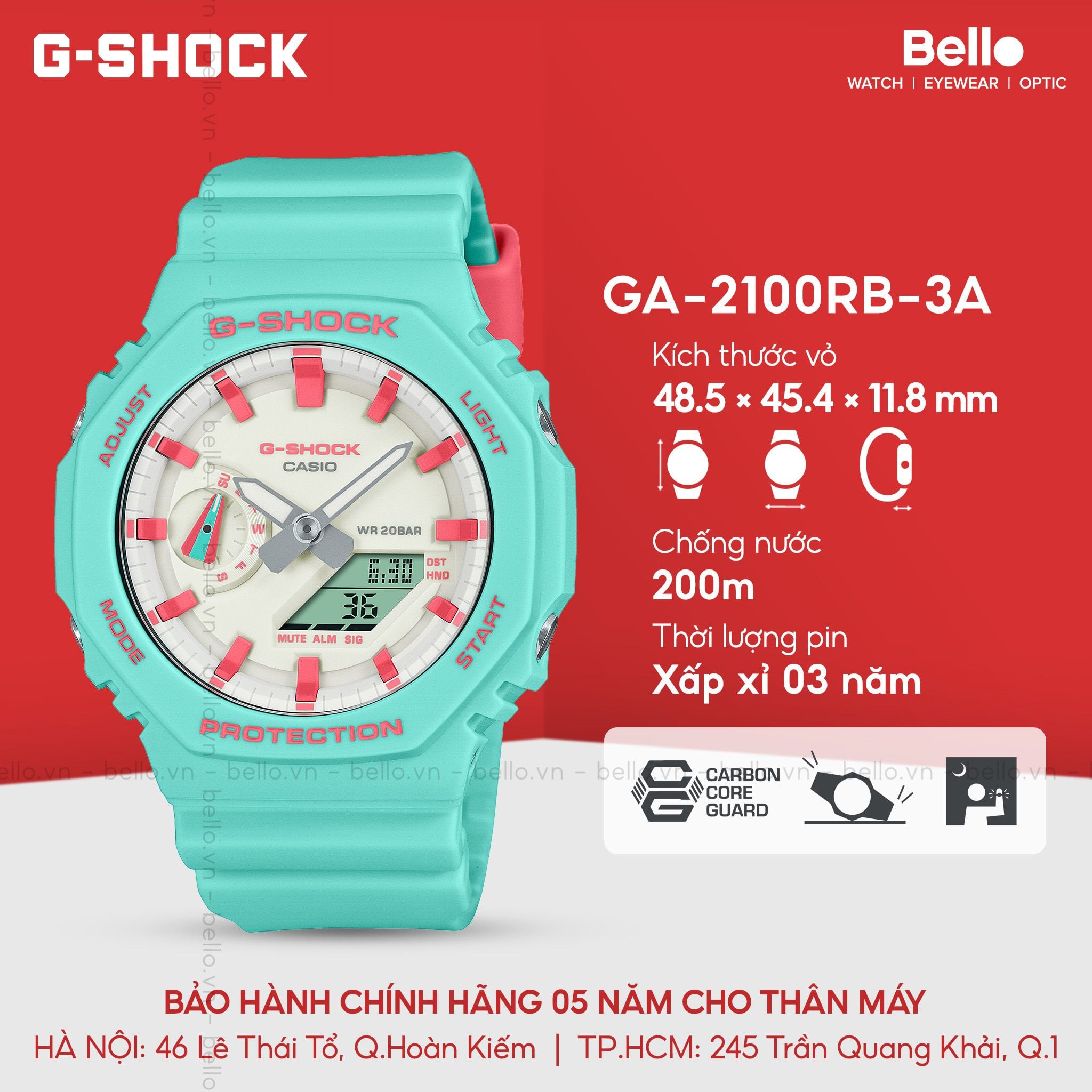 Casio G-Shock GA-2100RB-3A - Uy tín từ 2009, Tem vàng chống giả, Bảo h – Bello HN & TP.HCM