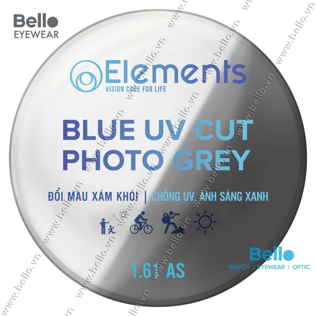 Tròng Kính Đổi Màu Elements Blue UV Cut Photo Grey 1.56 AS Xám Khói ...