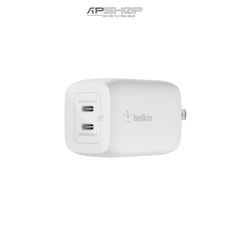 Củ sạc nhanh Belkin 65W, 2 cổng USB C, PD 3.0 PPS GaN | Chính hãng – APSHOP.VN