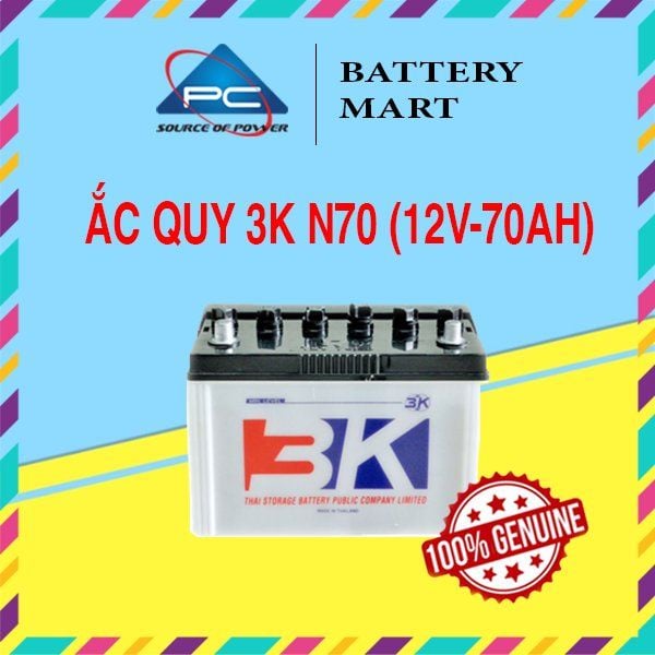Bình Ắc Quy Xe Tải, Xe Ô Tô 12V-70Ah, Ắc Quy 3K N70