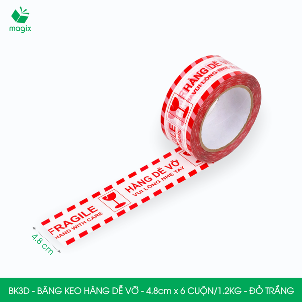 BK3D - 4.8cm - Block 6 cuộn/1.2kg - Băng keo HÀNG DỄ VỠ màu đỏ trắng ...