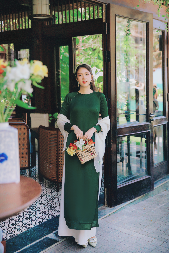 Áo dài Dáng suôn cổ tròn Thi Hạ - Xanh lông công