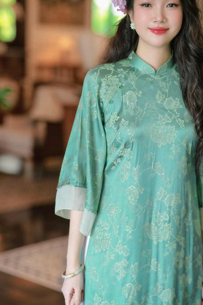Áo dài gấm dáng suôn Yên Cảnh - Xanh ngọc