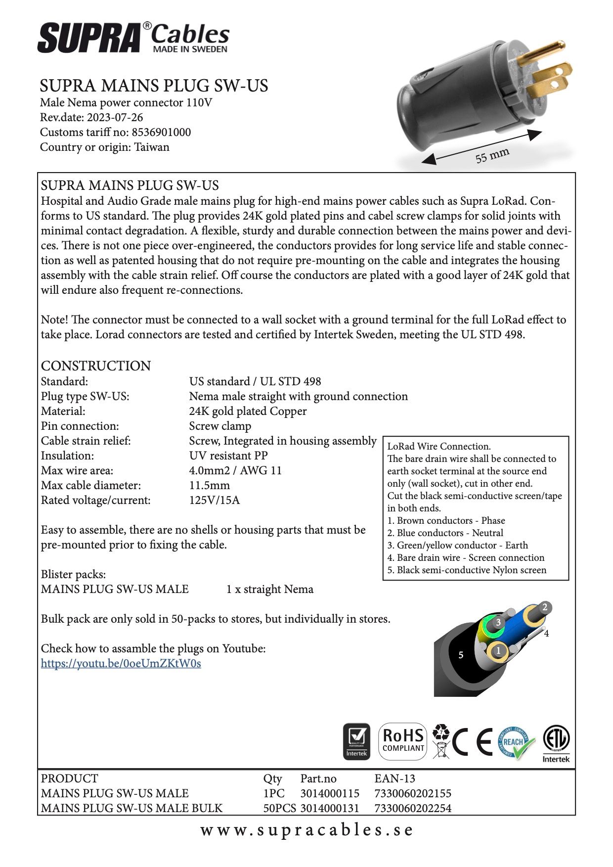 Phích cắm điện Supra MAINS PLUG SW-US Male | Đồ Điện Tử