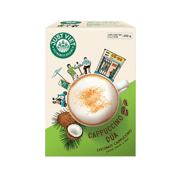Cà Phê Cappuccino Dừa Just Việt 170g – Ngon, Hòa Tan Nhanh – FARMERS MARKET