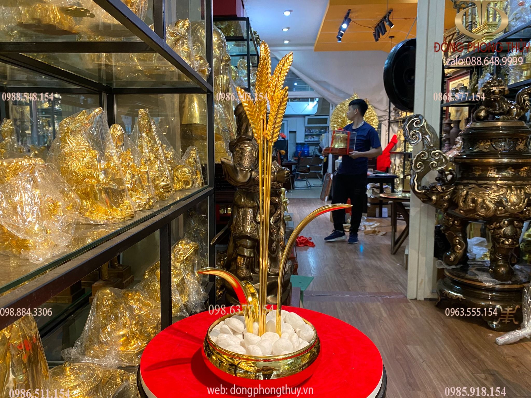 Chậu cây lúa mạ vàng 24k bằng đồng đỏ đúc nguyên khối – Đồng Phong Thủy