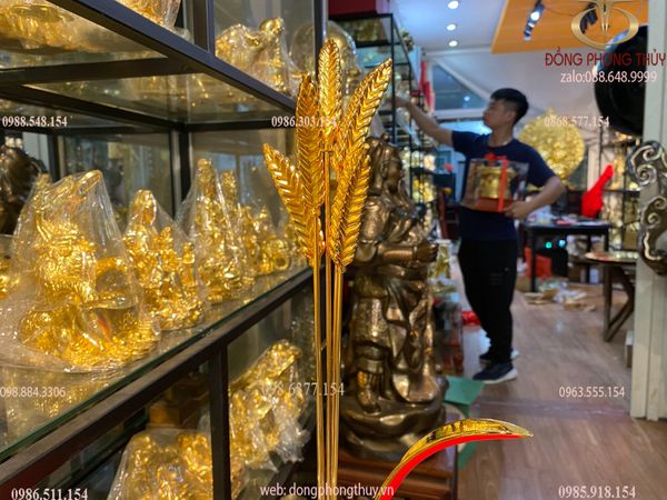 Chậu cây lúa mạ vàng 24k bằng đồng đỏ đúc nguyên khối – Đồng Phong Thủy