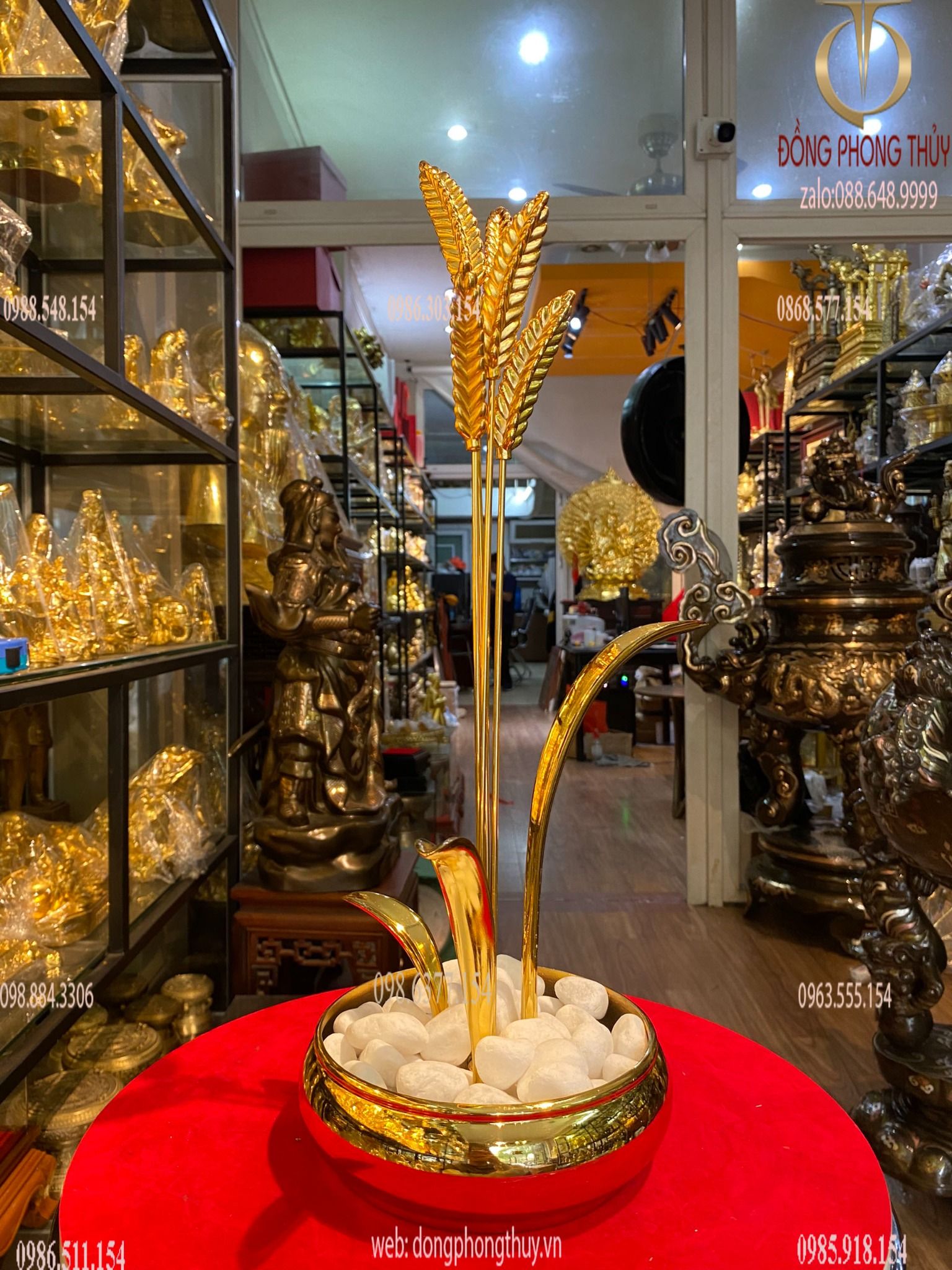 Chậu cây lúa mạ vàng 24k bằng đồng đỏ đúc nguyên khối – Đồng Phong Thủy