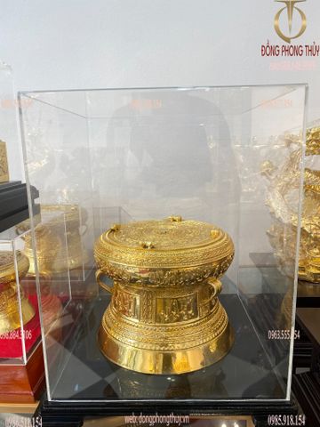 Quả trống đồng đường kính 25cm dát vàng 24k kèm đôn hộp – Đồng Phong Thủy