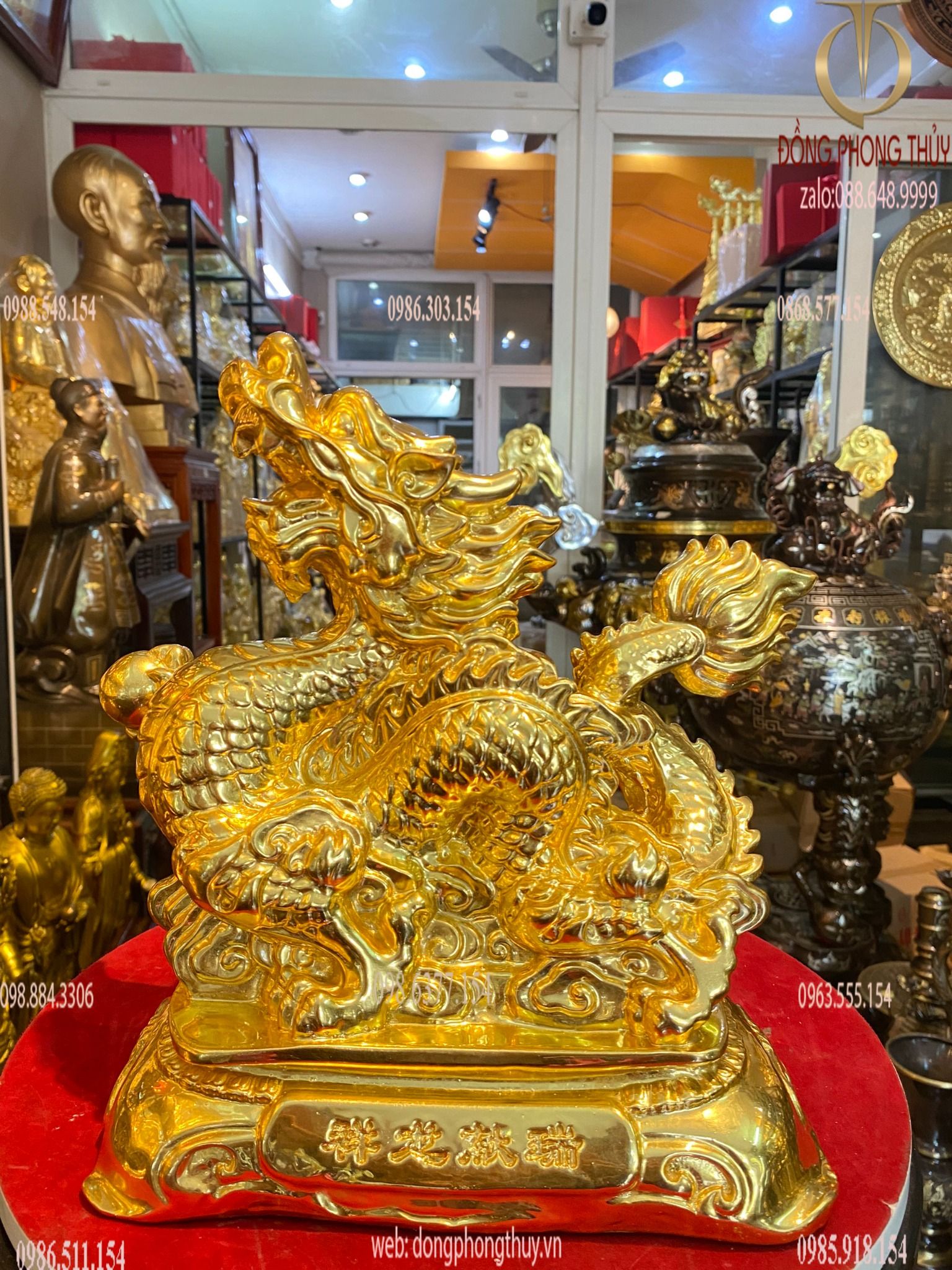 Tượng rồng phong thủy dát vàng 24k cao 29cm chữ Nho – Đồng Phong Thủy