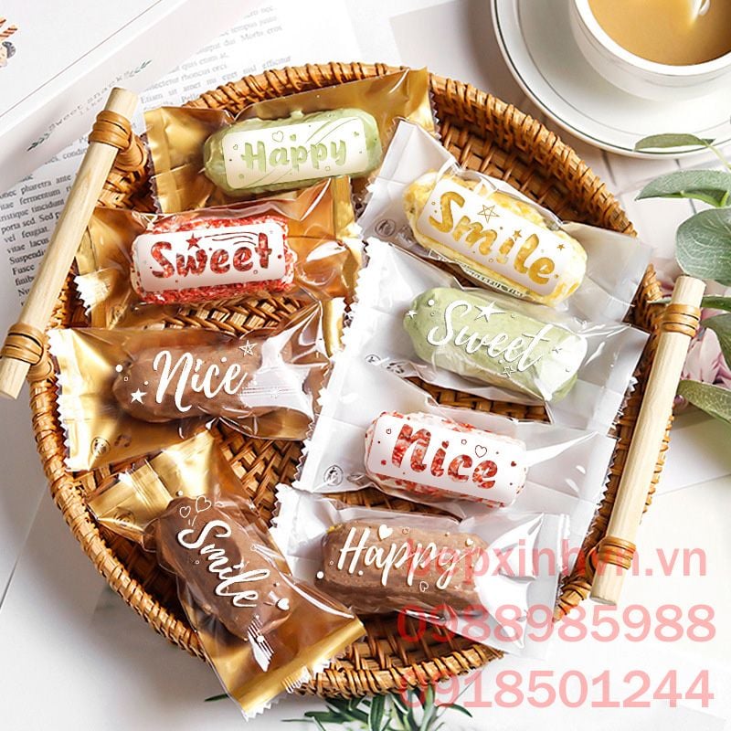 Túi bánh ống Smile, Nice, Happy, Sweet nâu 5x11cm (100 túi) – bepxinhvn