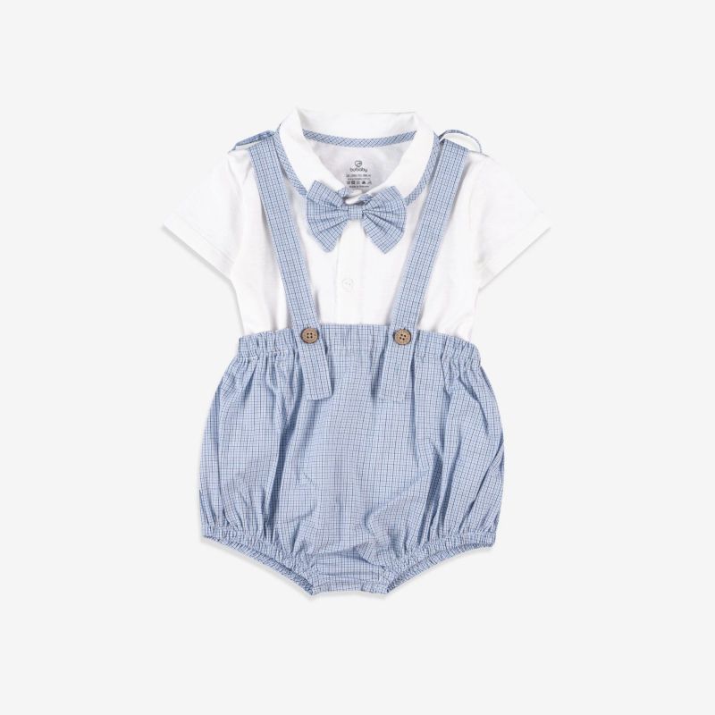 Set quần yếm kèm áo ngắn tay bé trai và nơ cổ Bu Baby MH Trắng Kẻ blue ...