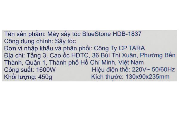 Máy sấy tóc Bluestone HDB-1837 (mã sp: #33225316)