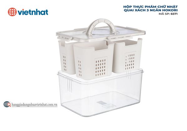 Hộp thực phẩm chữ nhật quai xách 3 ngăn Hokori 6571 – Nhựa Việt Nhật Plastic - Hokori cao cấp