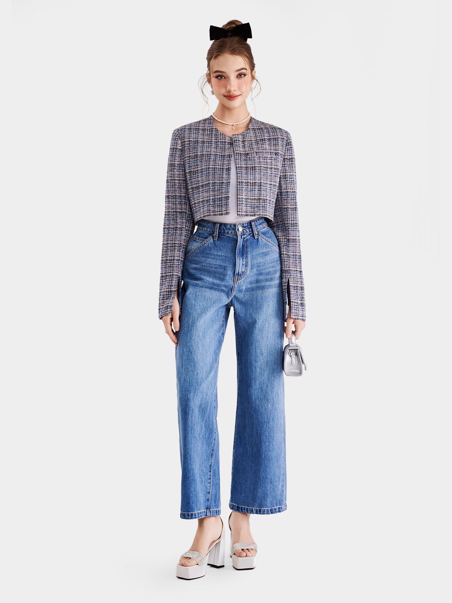Áo khoác form ngắn vải tweed cổ tròn tay xẻ – MARC