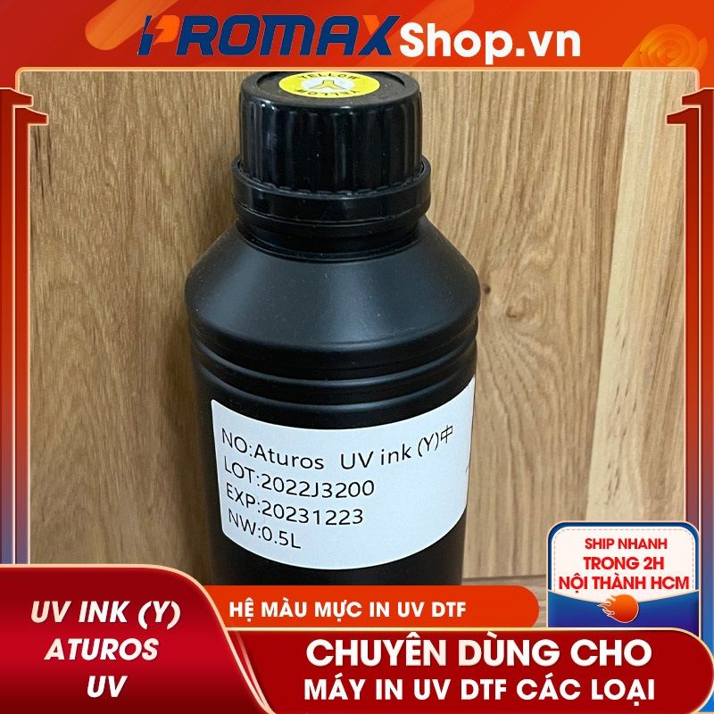 Mực in UV DTF Aturos đủ hệ màu gồm hệ mực màu mực CMYK, keo, Varnish – PROMAX SHOP