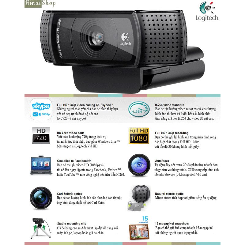 Logitech C920 Pro - Webcam HD 1080p, tích hợp micro stereo – BINAI