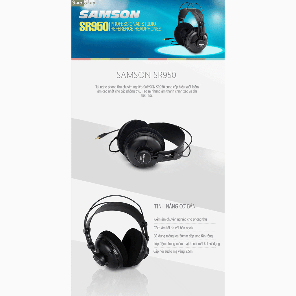 Tai nghe kiểm âm chuyên nghiệp - Samson SR950 – BINAI
