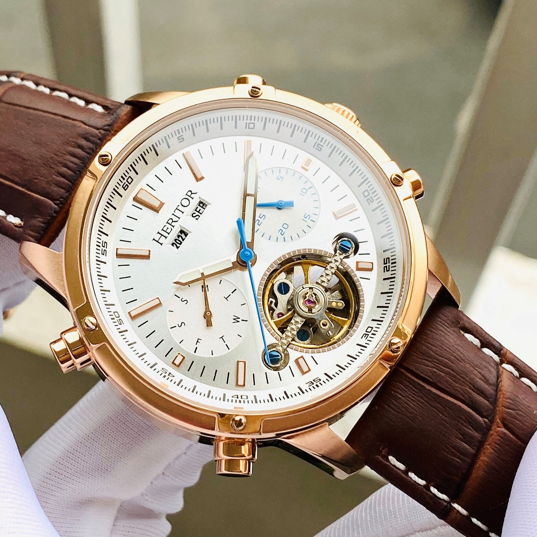 Heritor Automatic Wilhelm Semi-Skeleton Leather-Band Watch w/Day/Date ...