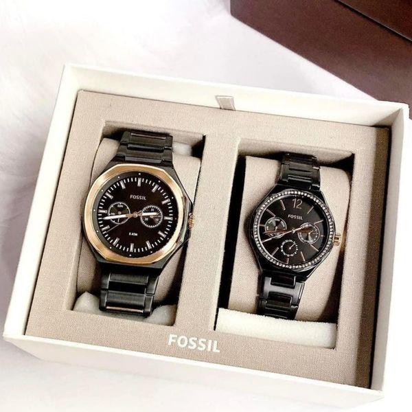 Fossil Quartz BQ2645SET His and Her Multifunction Black Stainless Stee ...
